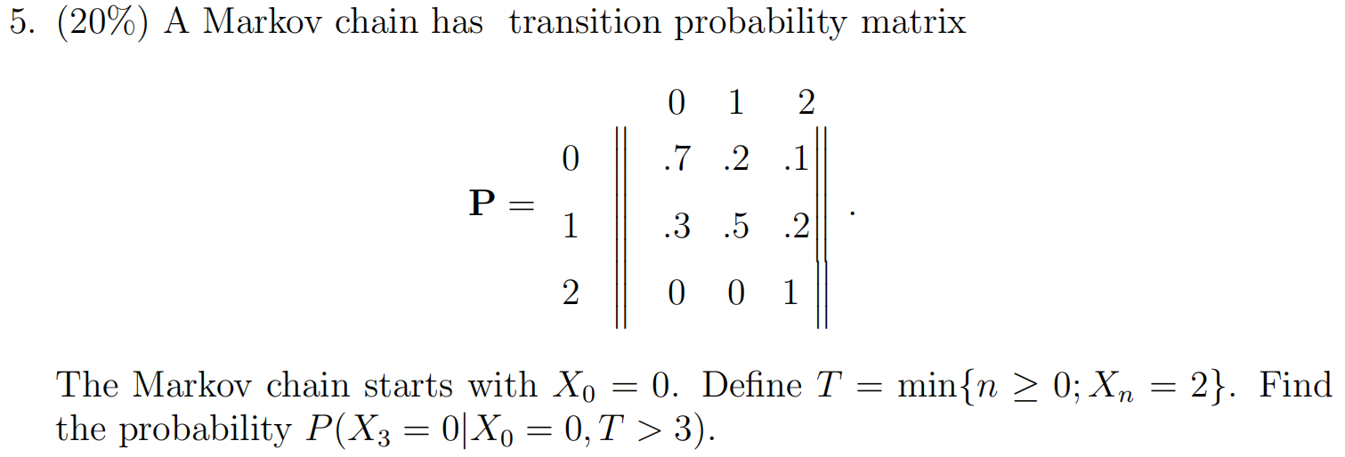 Solved 5. (20\%) A Markov chain has transition probability | Chegg.com