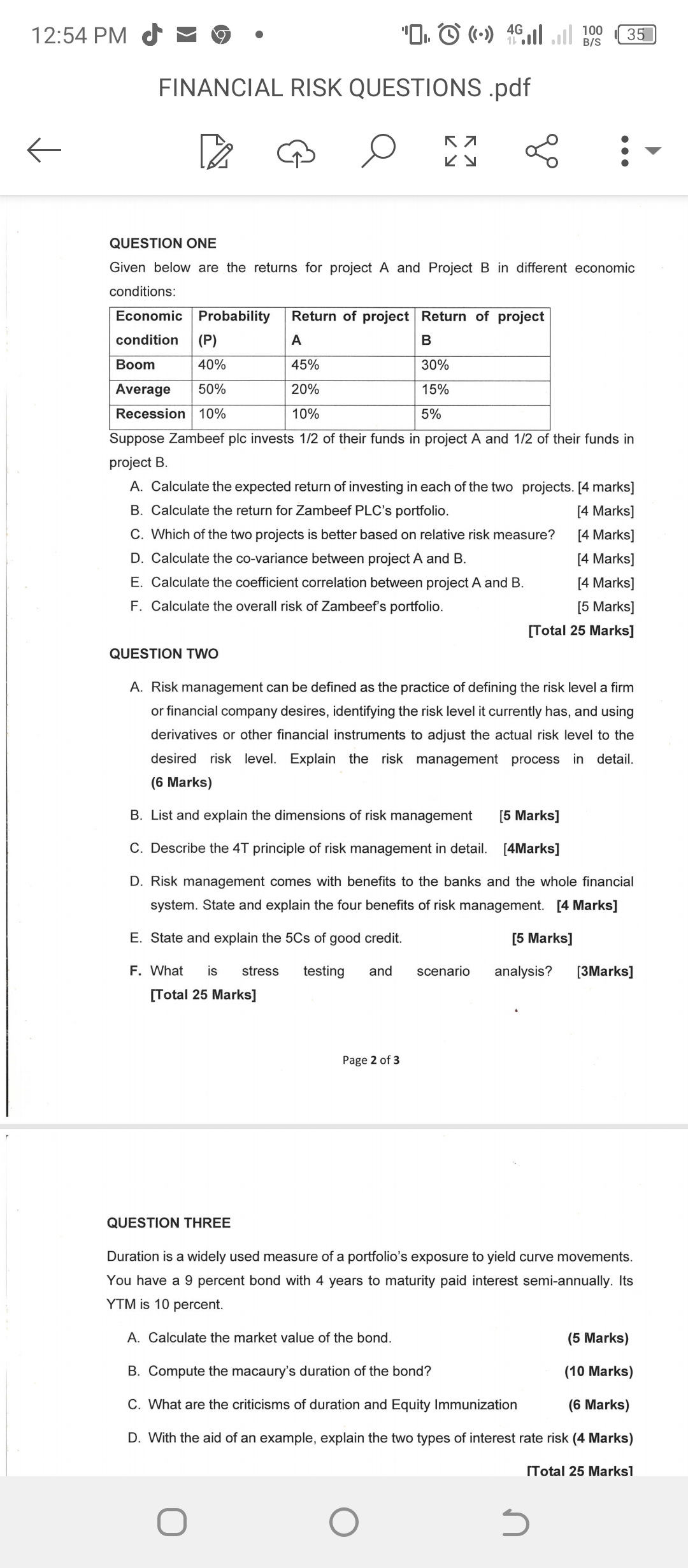 Solved QUESTION ONE Given below are the returns for project | Chegg.com