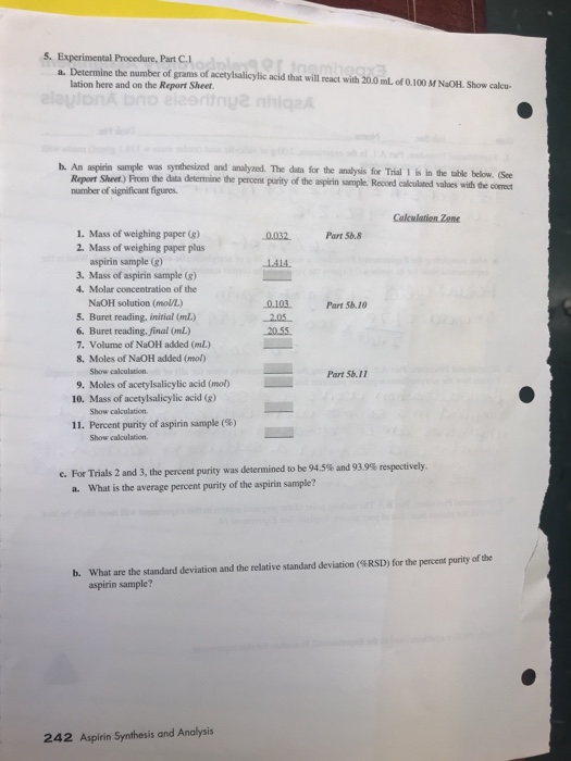 Solved 5. Experimental Procedure, Part C. a. Determine the | Chegg.com