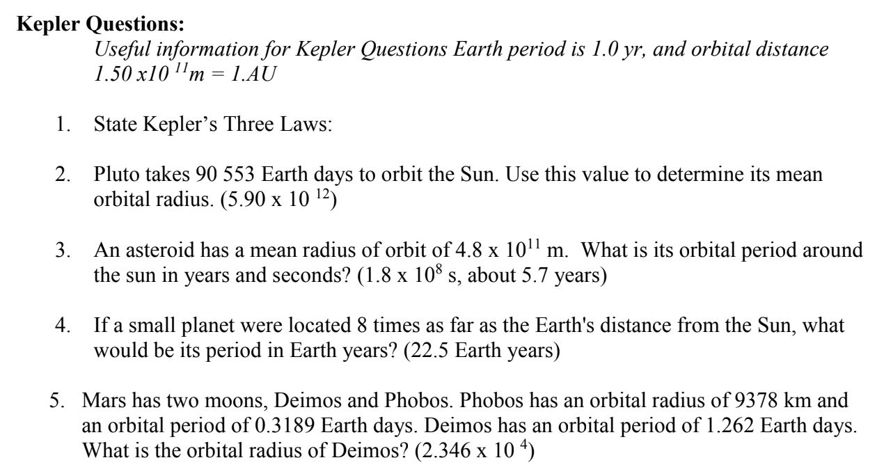 Solved Kepler Questions: Useful information for Kepler | Chegg.com