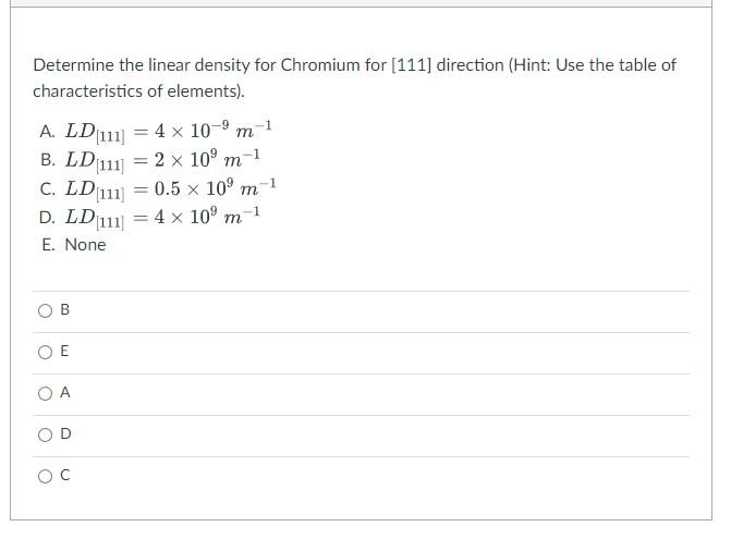 Solved Determine the linear density for Chromium for [111] | Chegg.com