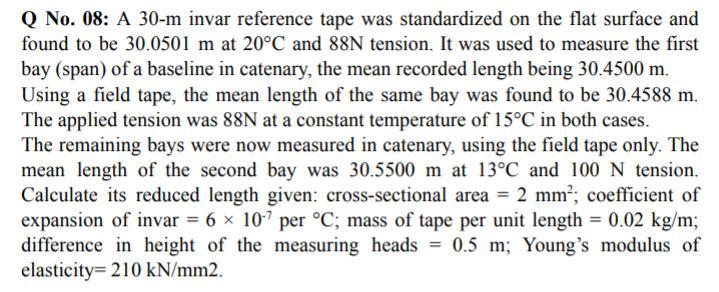 Solved Q No. 08: A 30-m invar reference tape was | Chegg.com