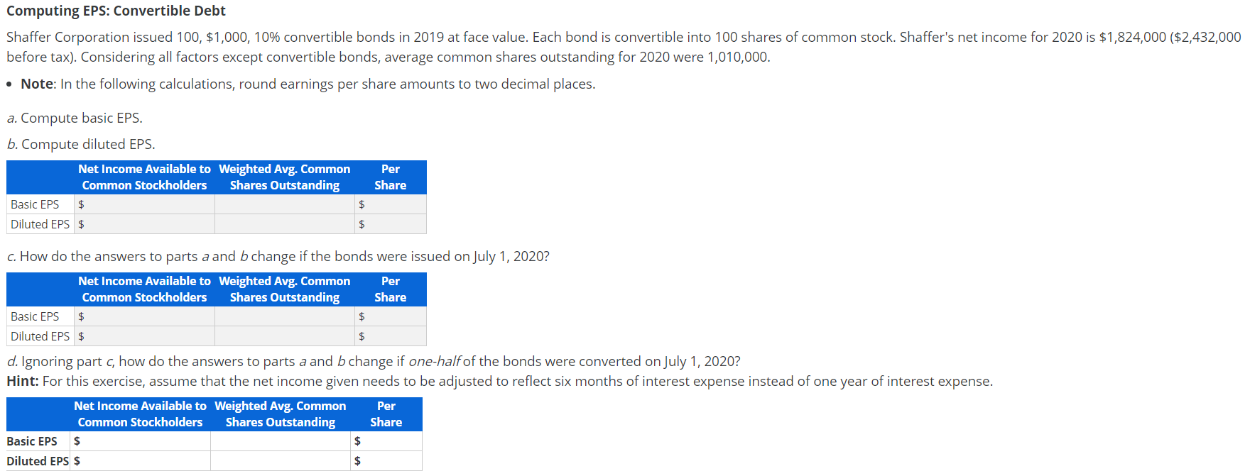 Solved Computing EPS: Convertible Debt Shaffer Corporation | Chegg.com