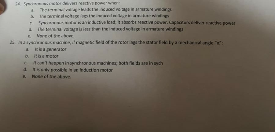 Solved 24. Synchronous motor delivers reactive power when: | Chegg.com
