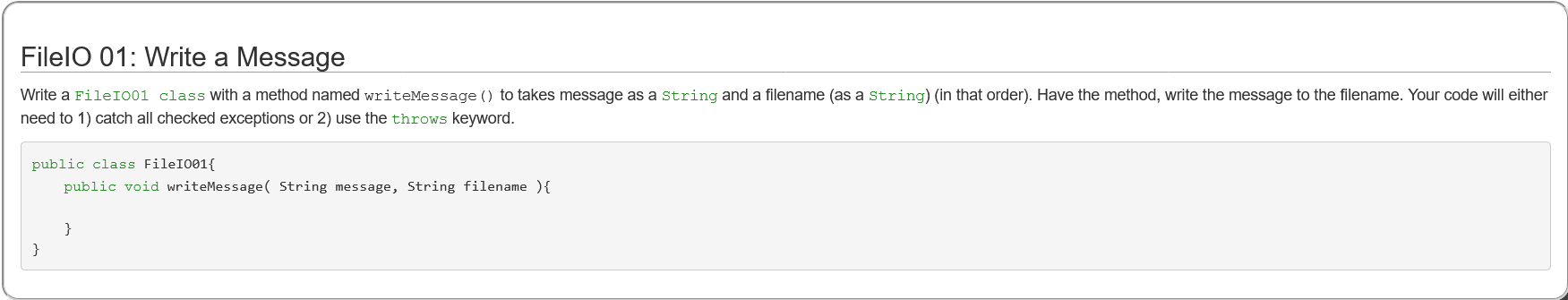 Solved Filelo 01: Write a Message Write a File1001 class | Chegg.com