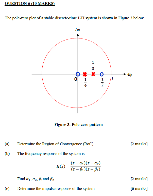 Solved QUESTION 6 (10 MARKS) The pole-zero plot of a stable | Chegg.com