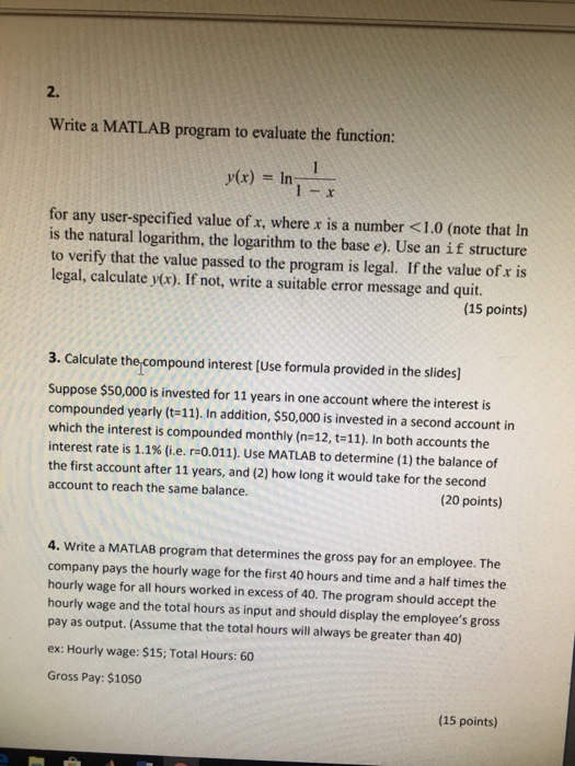 Solved 2. Write a MATLAB program to evaluate the function: | Chegg.com