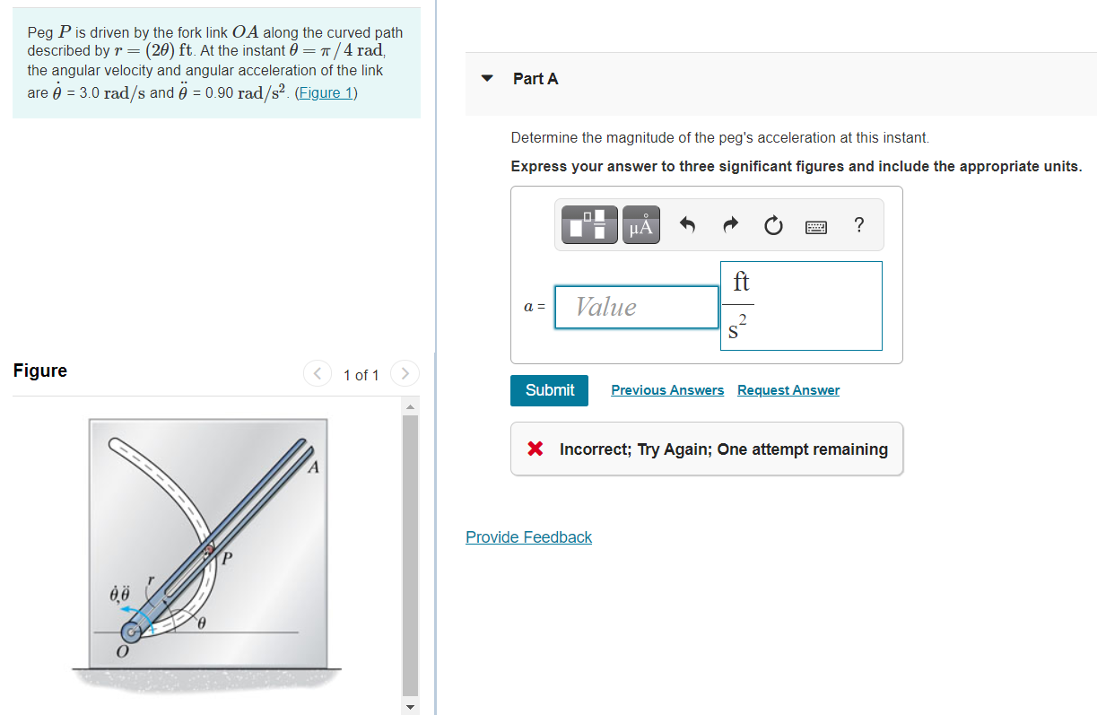 Solved Peg P is driven by the fork link OA along the curved | Chegg.com