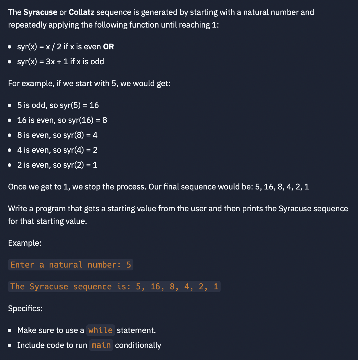 Solved The Syracuse Or Collatz Sequence Is Generated By