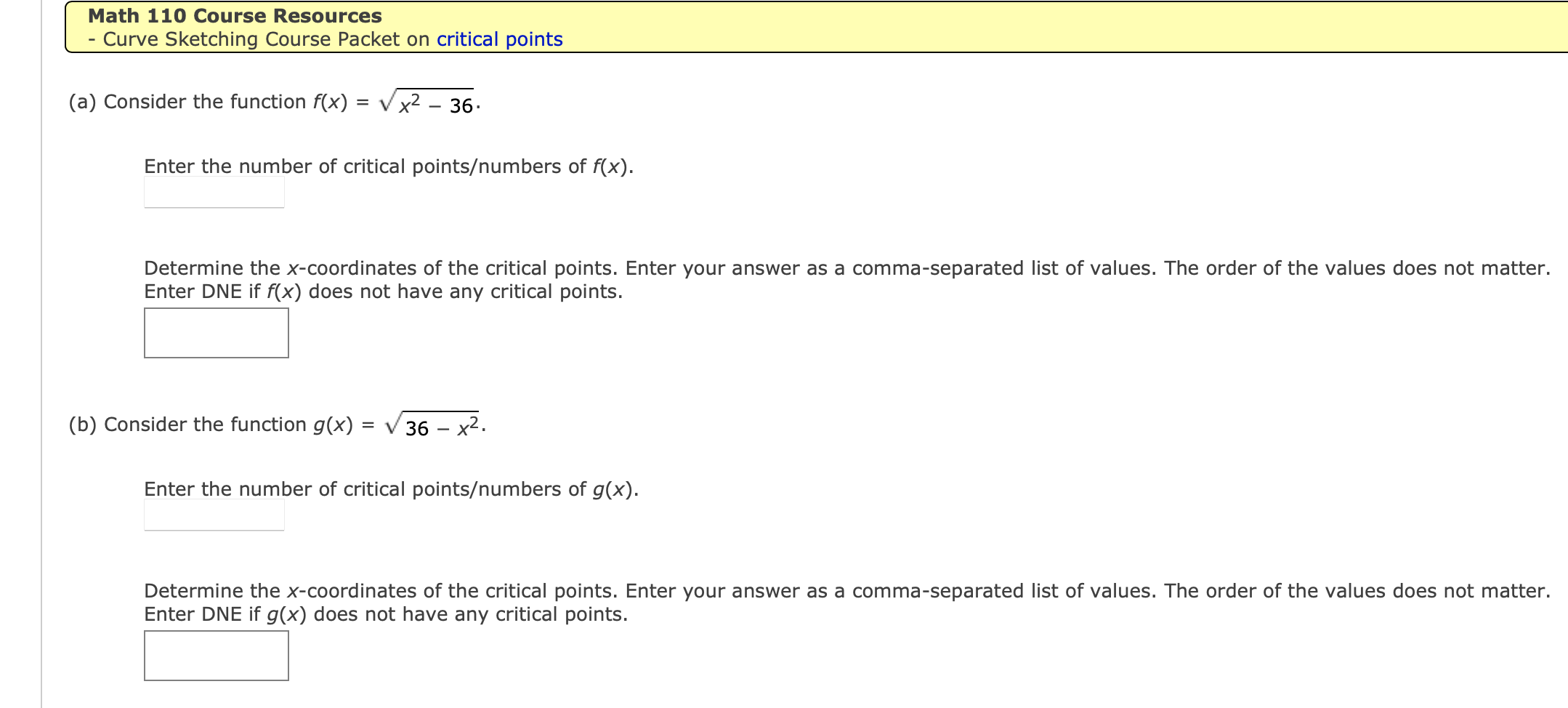 Solved Math 110 Course Resources - Curve Sketching Course | Chegg.com
