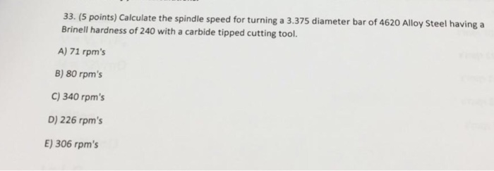 Solved 33. (5 points) Calculate the spindle speed for | Chegg.com
