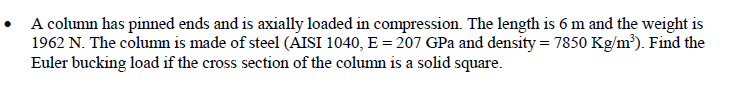 Solved • A column has pinned ends and is axially loaded in | Chegg.com