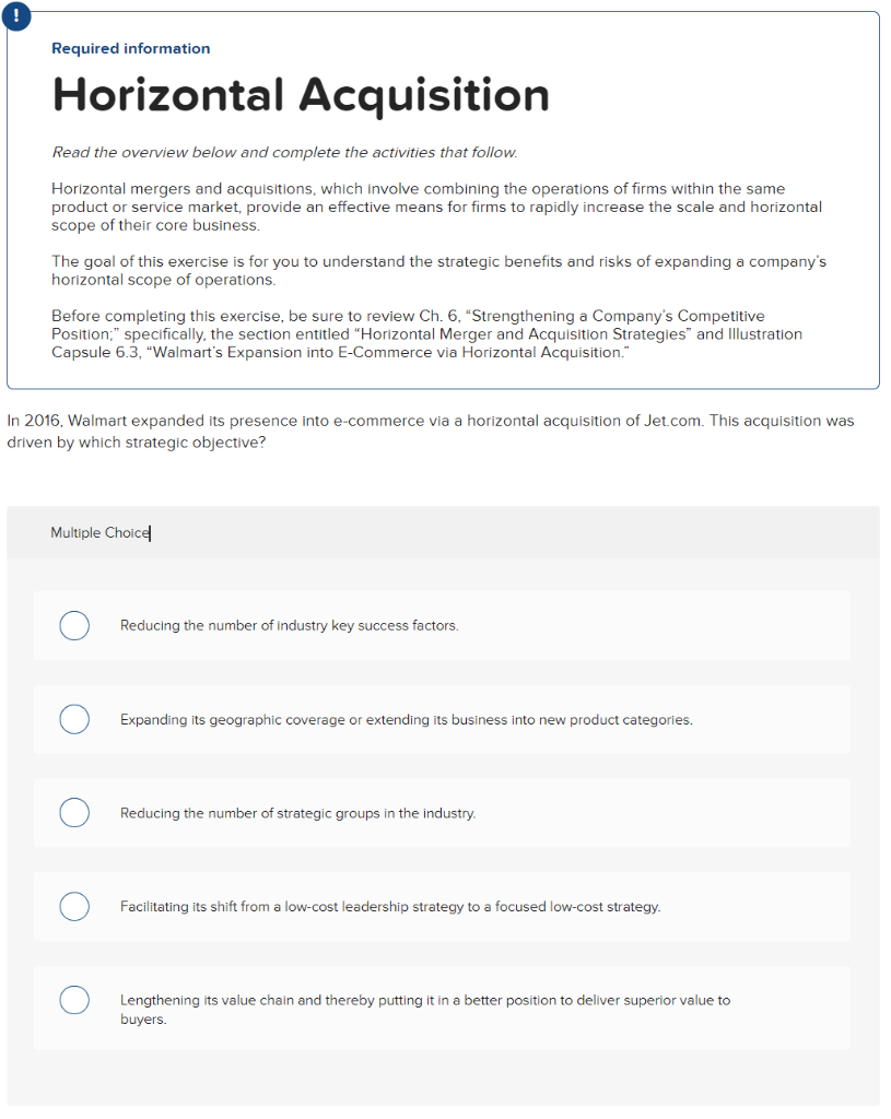 Solved Required information Horizontal Acquisition Read the | Chegg.com