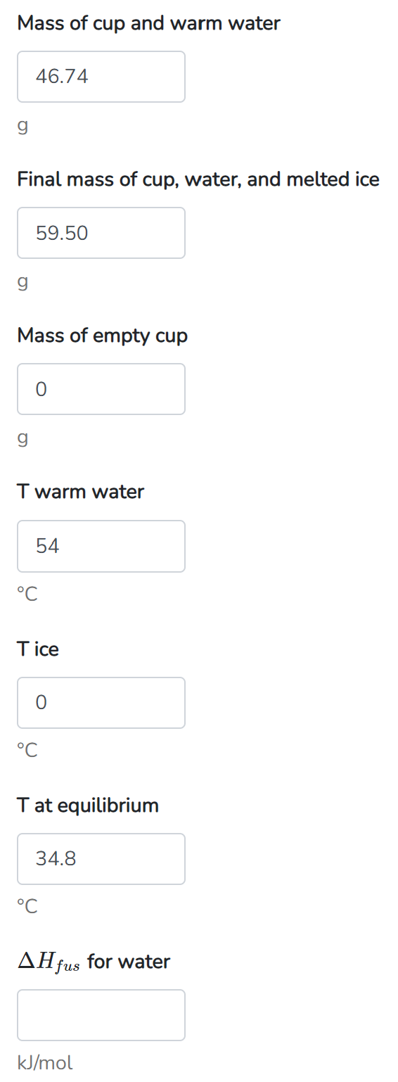 Solved Mass of cup and warm water g Final mass of cup, | Chegg.com