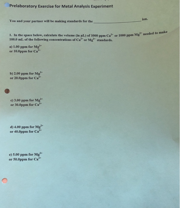 Solved Prelaboratory Exercise for Metal Analysis Experiment | Chegg.com