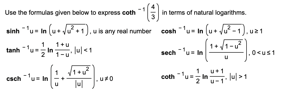 Solved -1 Use the formulas given below to express coth 2 | Chegg.com