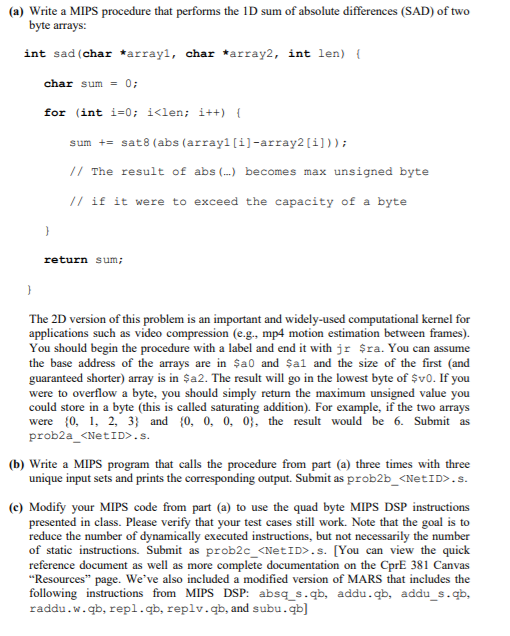 (a) Write a MIPS procedure that performs the 1D sum | Chegg.com