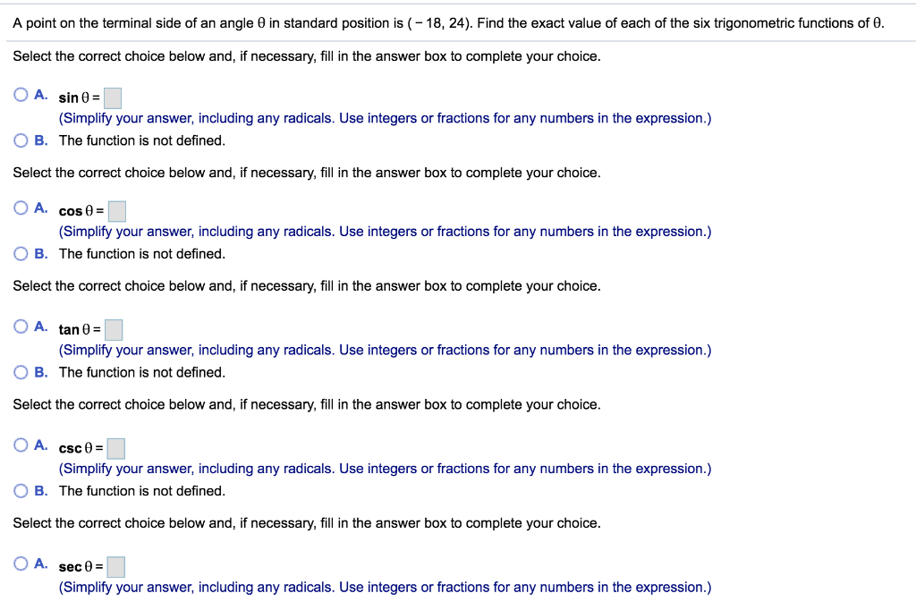 Solved A point on the terminal side of an angle θ in | Chegg.com
