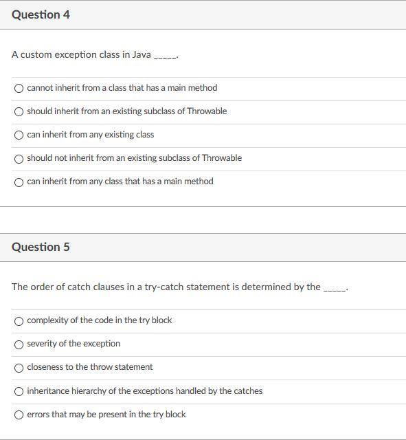 Solved Question 1 In Java, catch clauses to handle checked | Chegg.com