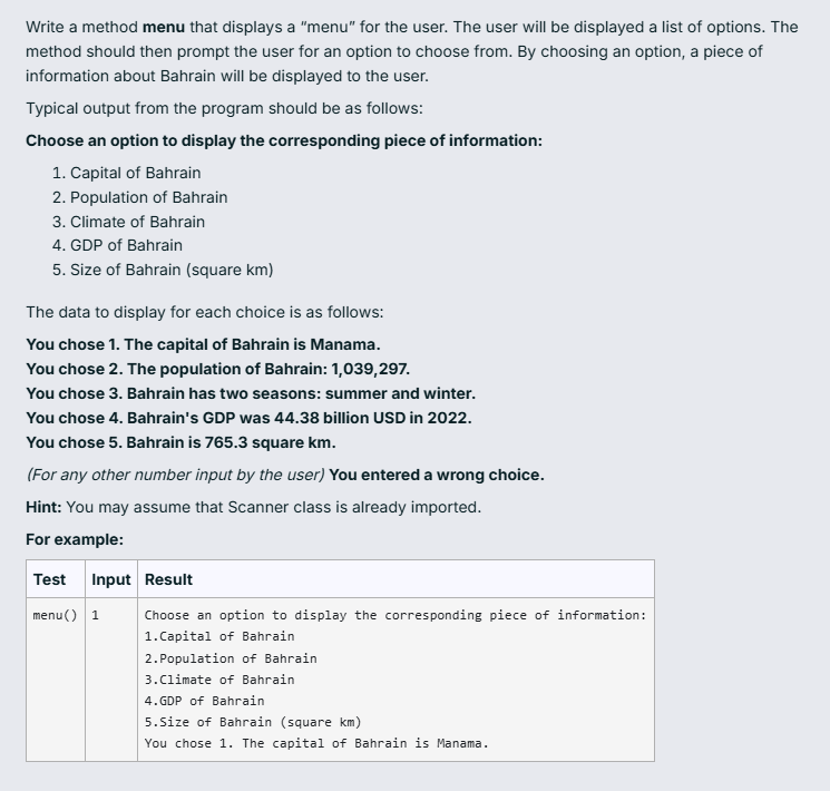 Solved Write a method menu that displays a "menu" for the | Chegg.com
