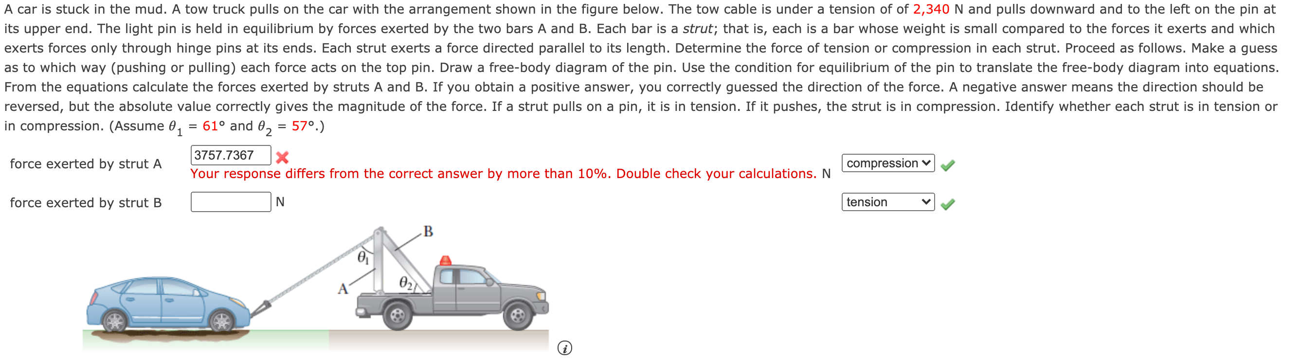 Solved A car is stuck in the mud. A tow truck pulls on the | Chegg.com