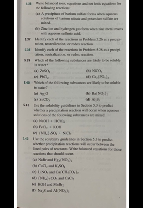 Solved 5.36 Write balanced ionic equations and net ionic | Chegg.com