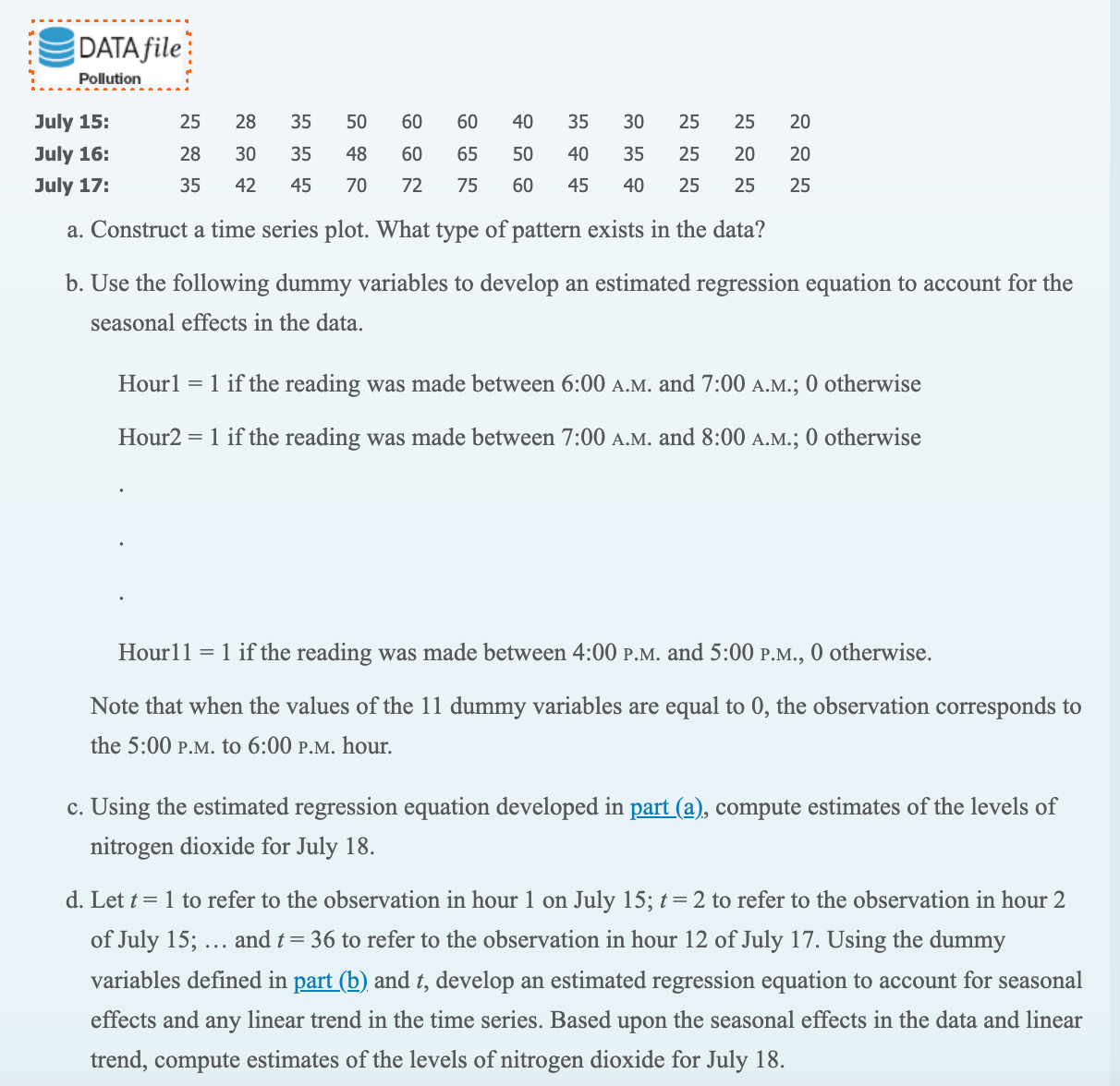 Solved DATA file Pollution a. Construct a time series plot. | Chegg.com