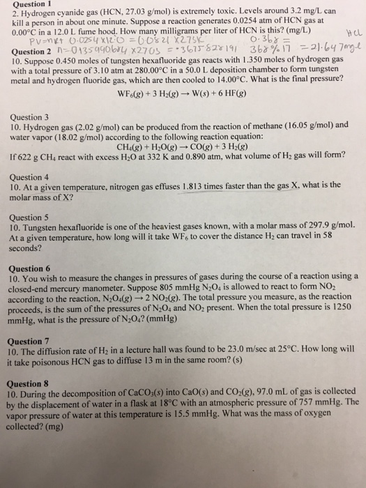 Solved Hydrogen cyanide gas (HCN,27.03g/mol) is extremely | Chegg.com