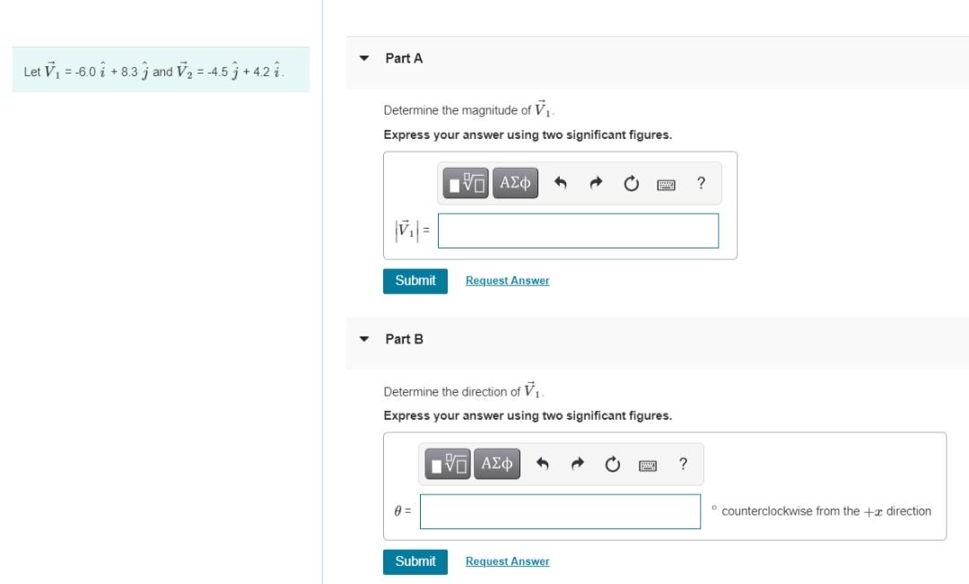 Solved Part A Let V, = -6.0 + 8.3 and V2 = -4.5j + 4.2 i | Chegg.com
