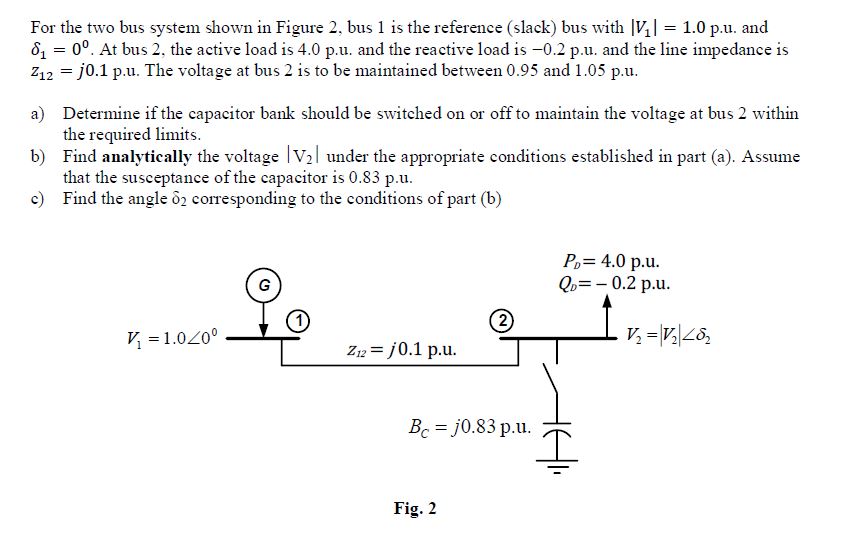 Solved For the two bus system shown in Figure 2, ﻿bus 1 ﻿is | Chegg.com
