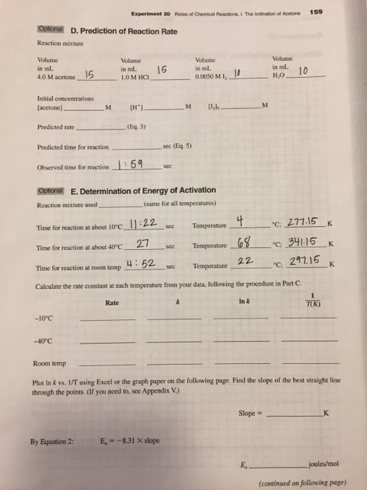 Experiment 20 Rates of Chemical Reactions, I. The | Chegg.com
