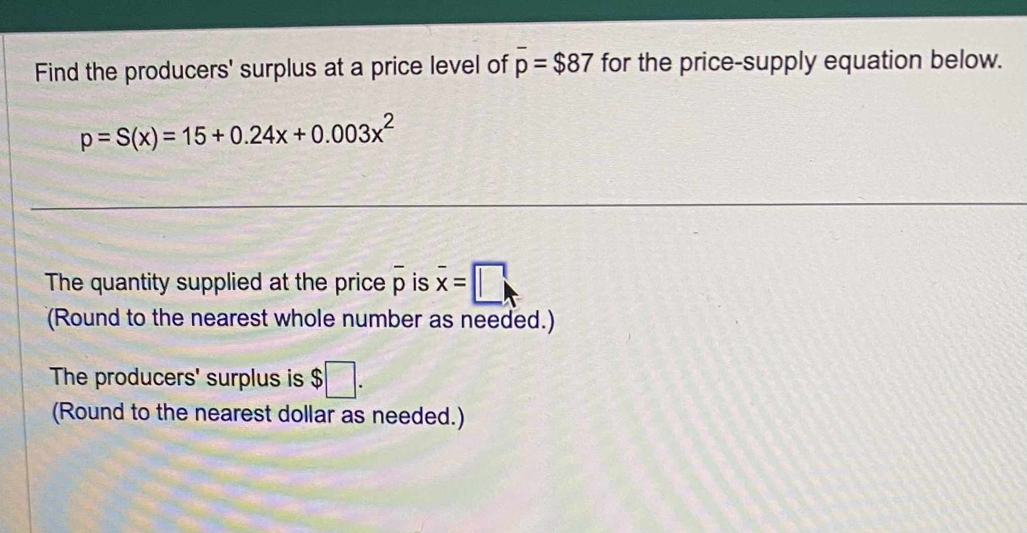 Solved Find the producers' surplus at a price level of | Chegg.com