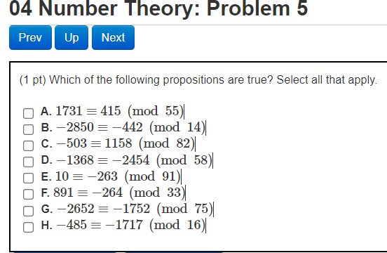 Solved 04 Number Theory: Problem 5 Prev Up Next (1 pt) Which | Chegg.com