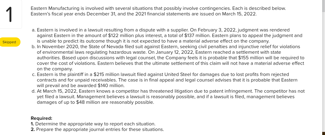 Solved 1 Eastern Manufacturing is involved with several | Chegg.com