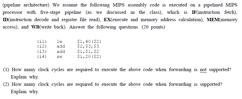Solved (pipeline architecture) We assume the following MIPS | Chegg.com