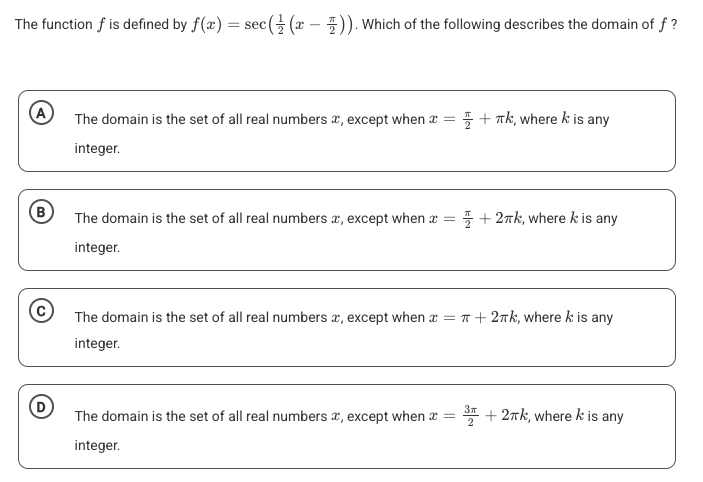Solved The function f is ﻿defined by f(x)=sec(12(x-π2)). | Chegg.com