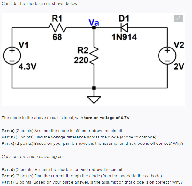 Solved Consider the diode circuit shown below. R1 Va D1 KA | Chegg.com