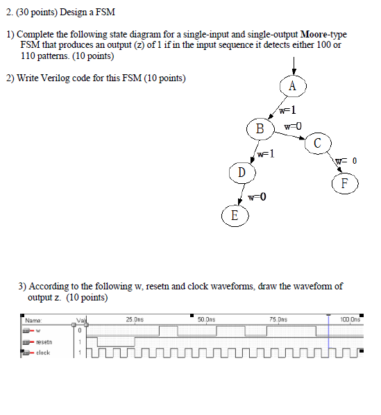 Solved 2. (30 points) Design a FSM 1) Complete the following | Chegg.com