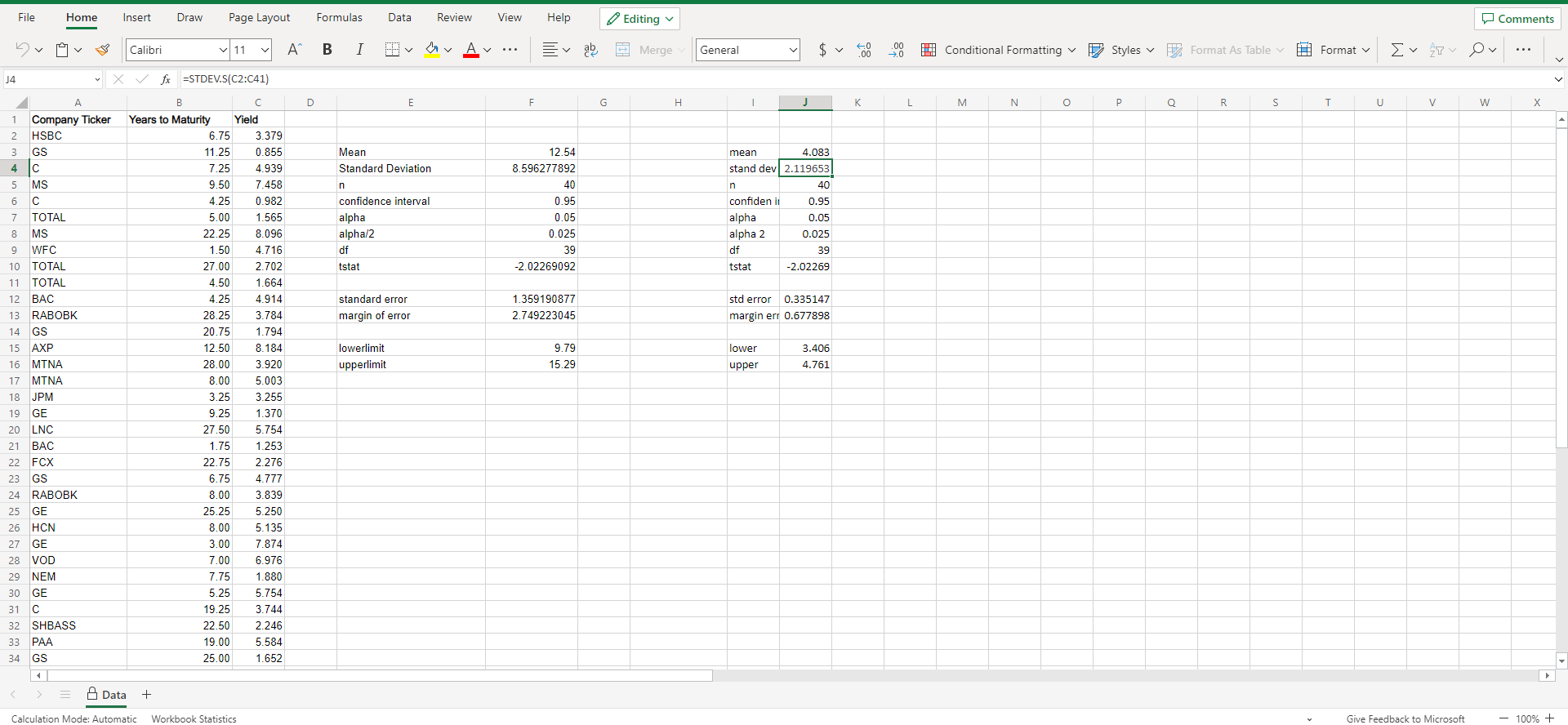8.2 Excel Activity 2 - Confidence Interval for Mean, | Chegg.com