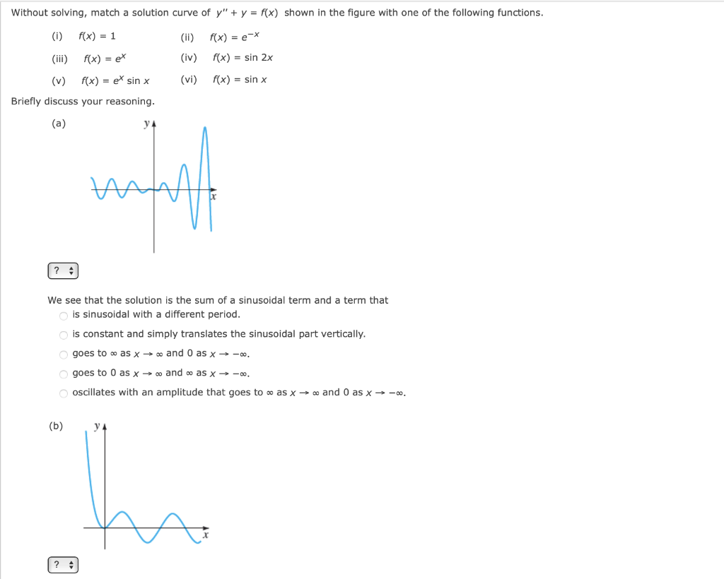 Solved Without solving, match a solution curve of y′′+y=f(x) | Chegg.com