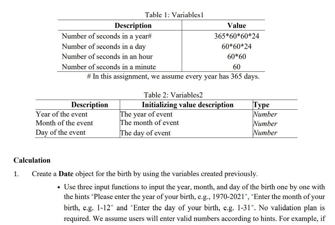 Solved Tohis 1. Varishloci Calculation Create a Date object | Chegg.com