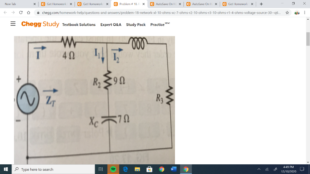 Solved Problem # 18. For the network below XL is 10 ohms, XC | Chegg.com