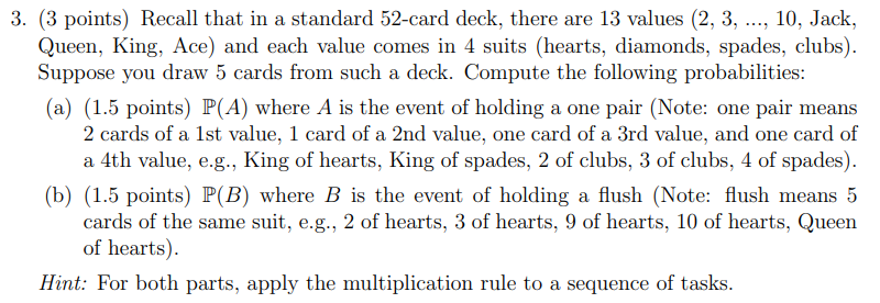 Solved 3. (3 points) Recall that in a standard 52 -card | Chegg.com