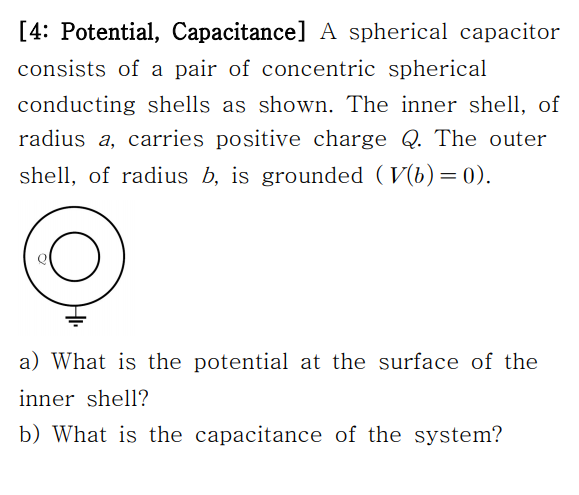 Solved [4: Potential, Capacitance] A spherical capacitor | Chegg.com