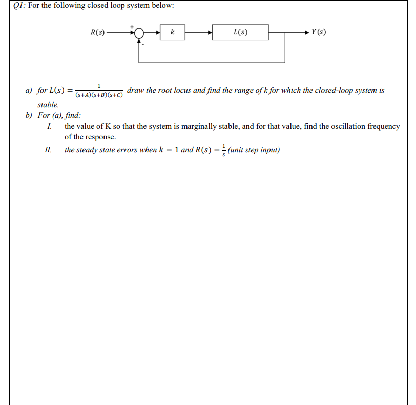 Solved Q1: For the following closed loop system below: R(s) | Chegg.com