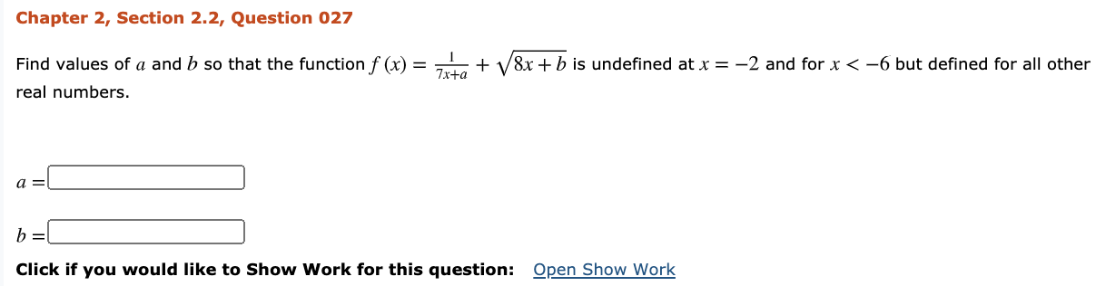 Solved Chapter 2, Section 2.2, Question 027 Find values of a | Chegg.com