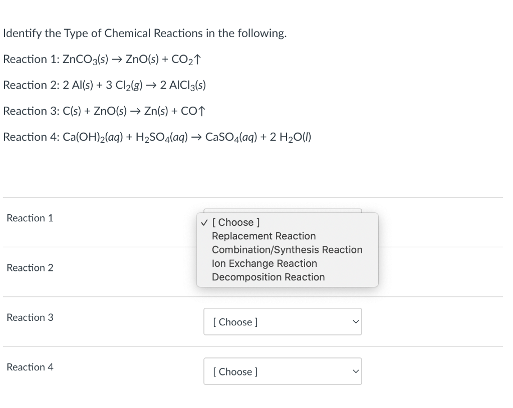 Solved Identify the Type of Chemical Reactions in the | Chegg.com