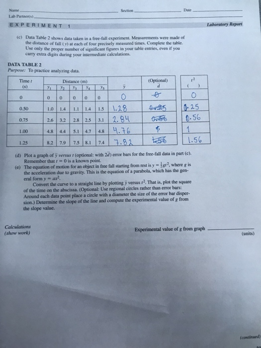 Solved Data Table 2 shows data taken in a free-fall | Chegg.com