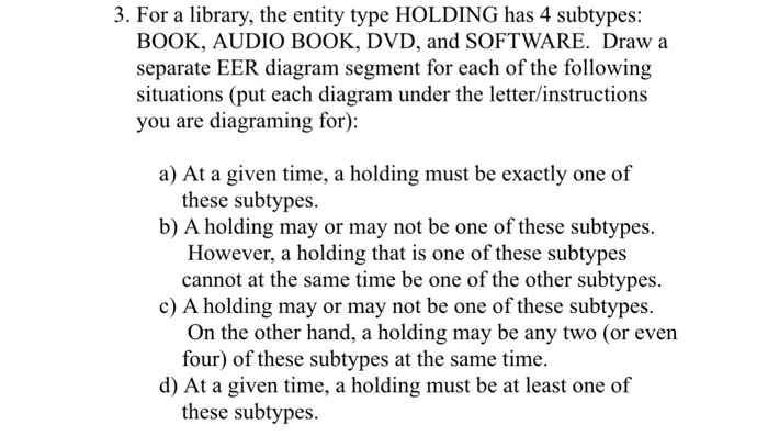 Solved 3. For a library, the entity type HOLDING has 4 | Chegg.com