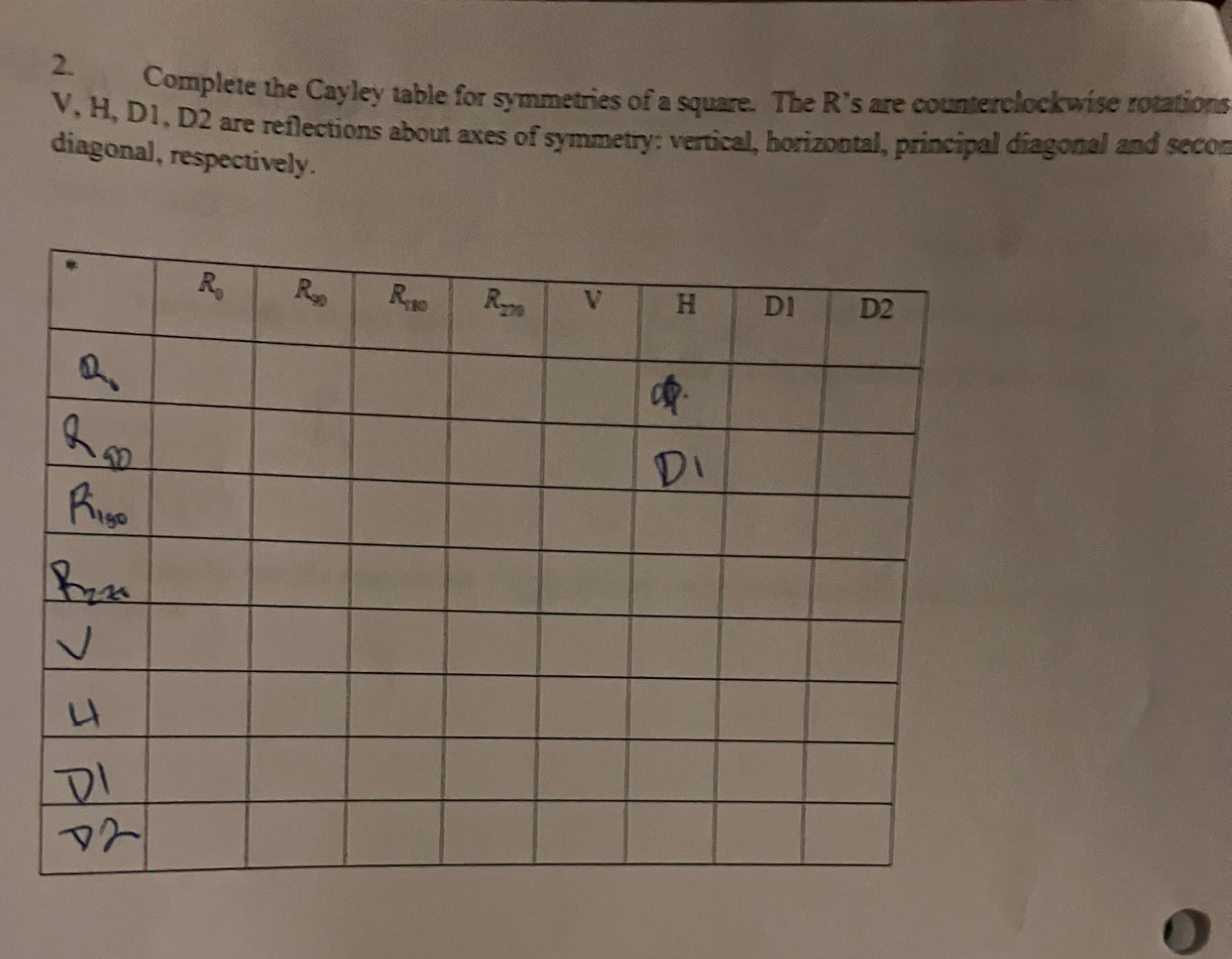 Solved 2. Complete the Cayley table for symmetries of a | Chegg.com